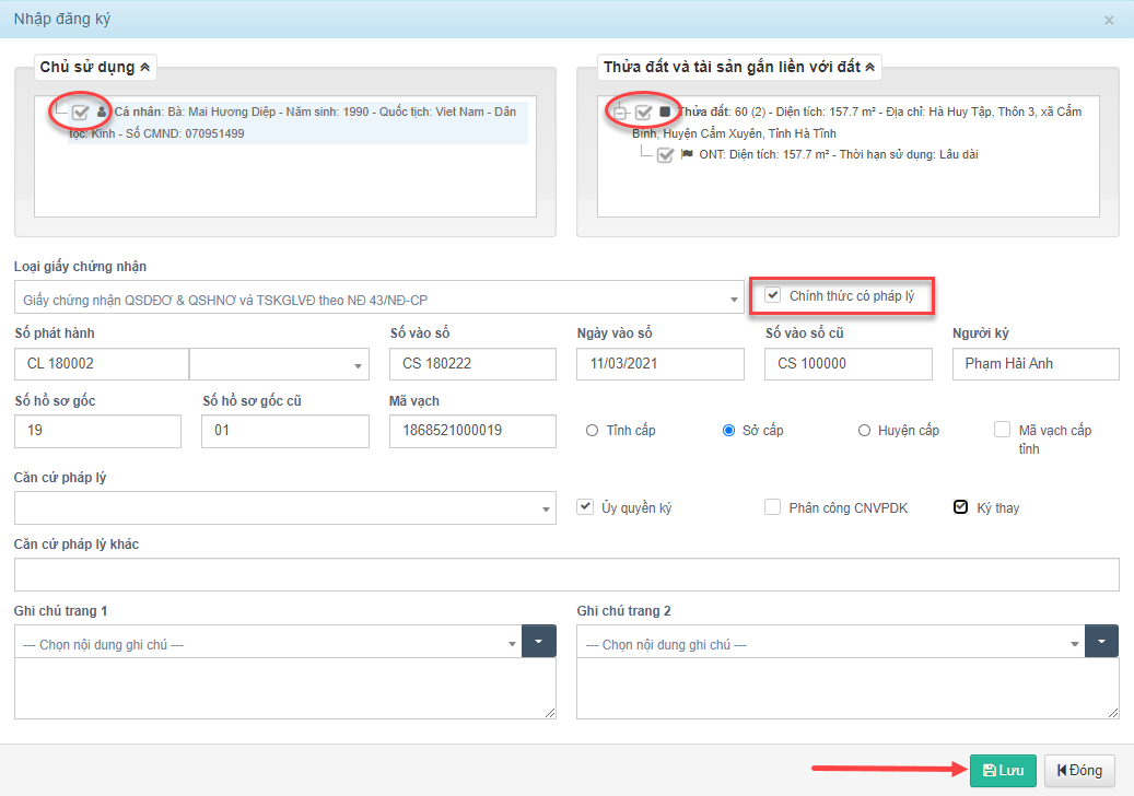 Kê khai đăng ký | VBDLIS Document